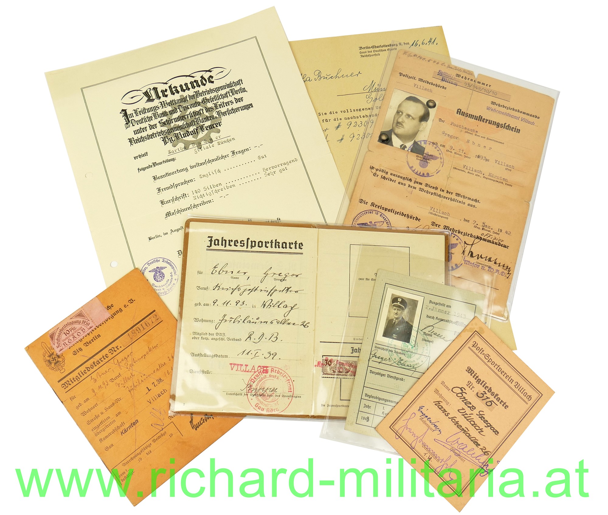 III. Reich - Ausweis u. Urkundenkovolut Ebner Gregor - Villach | M62040